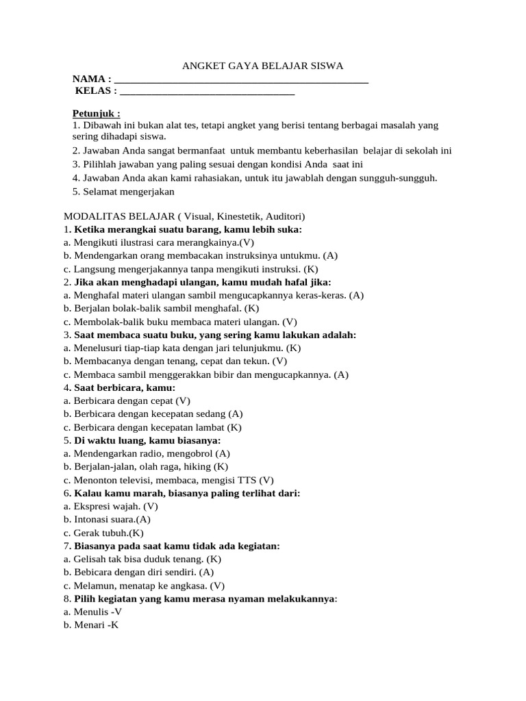 Angket Gaya Belajar Siswa | PDF