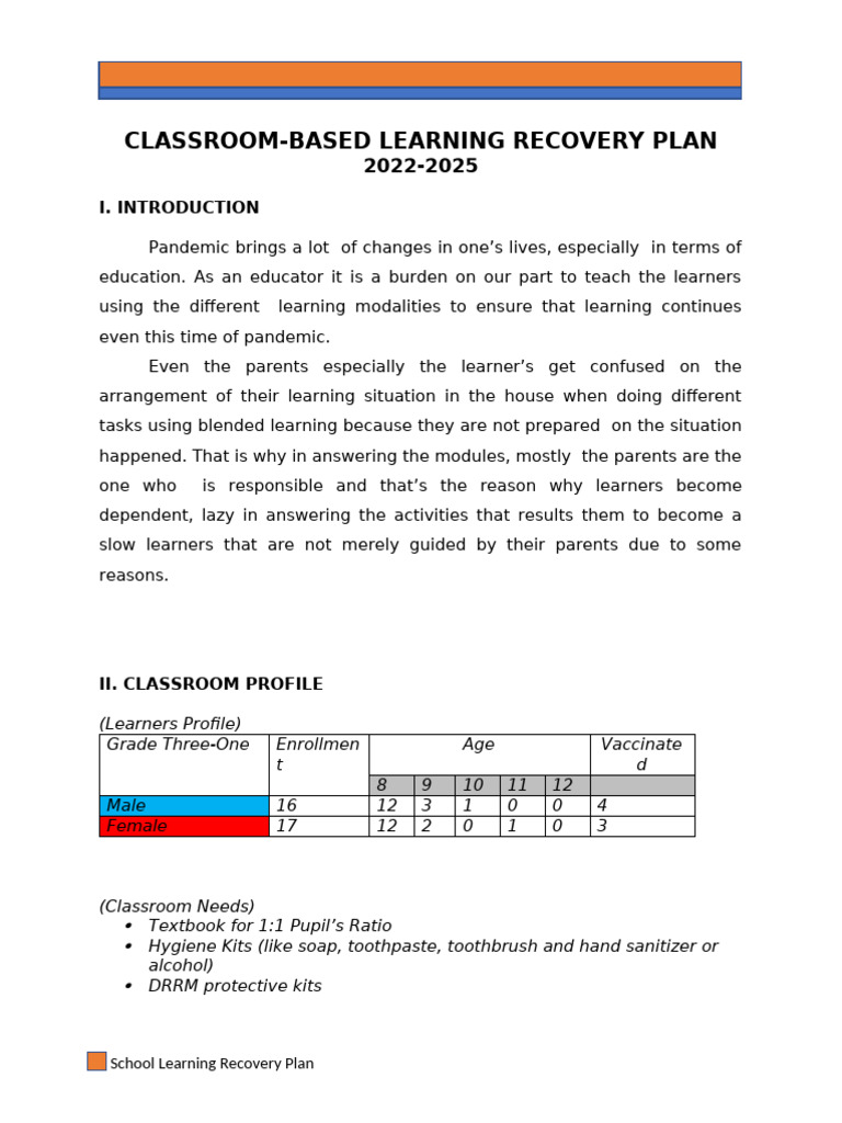 Classroom Based Learning Recovery Plan 3 1 | PDF | Literacy | Teachers
