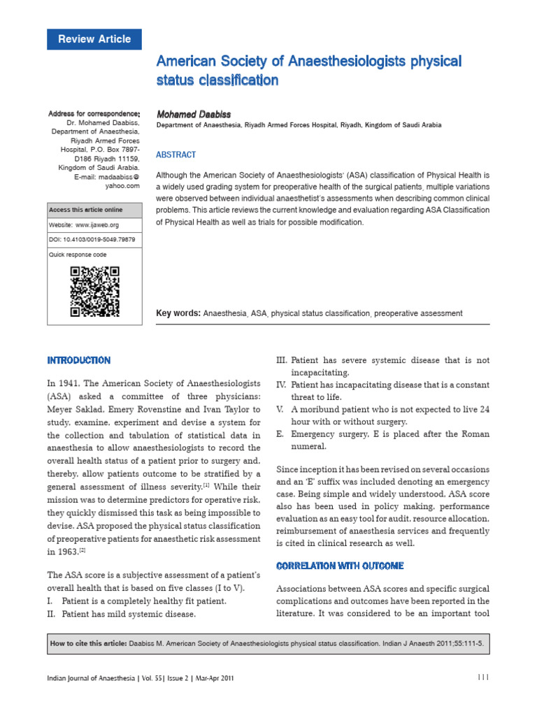 American Society of Anaesthesiologists Physical Status Classification ...