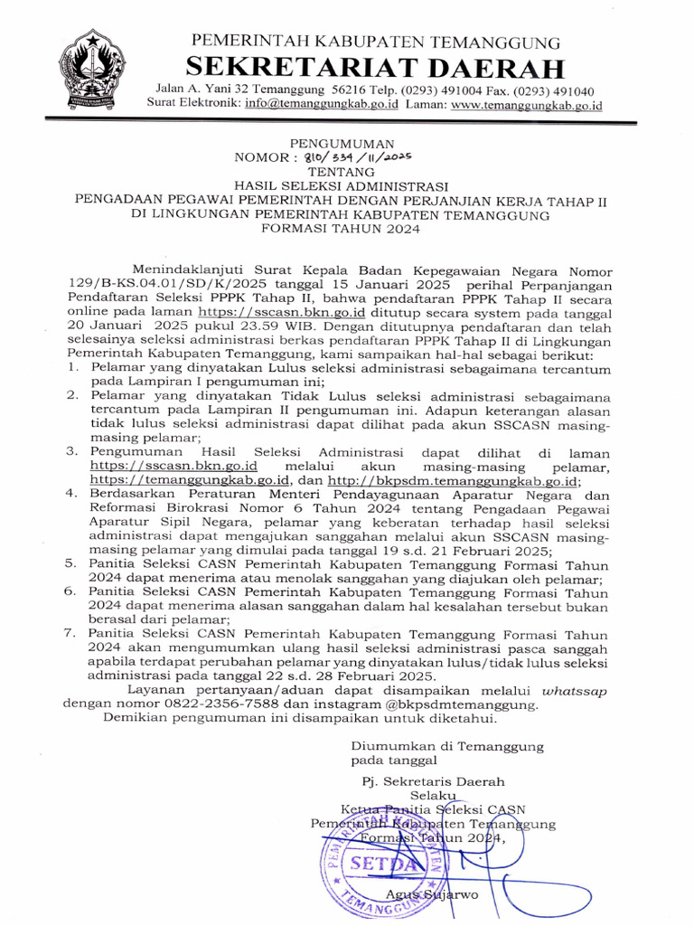 PENGUMUMAN HASIL SELEKSI ADMINISTRASI PPPK TAHAP II PRA SANGGAH | PDF