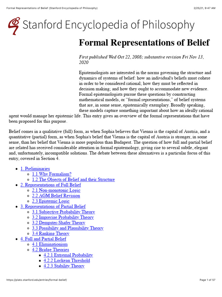 Formal Representations of Belief (Stanford Encyclopedia of Philosophy) | PDF | Inference ...