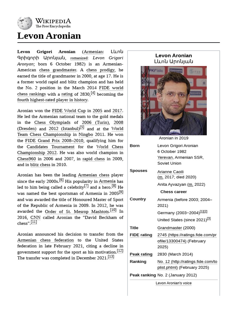 Levon_Aronian | PDF | Traditional Board Games | Chess People