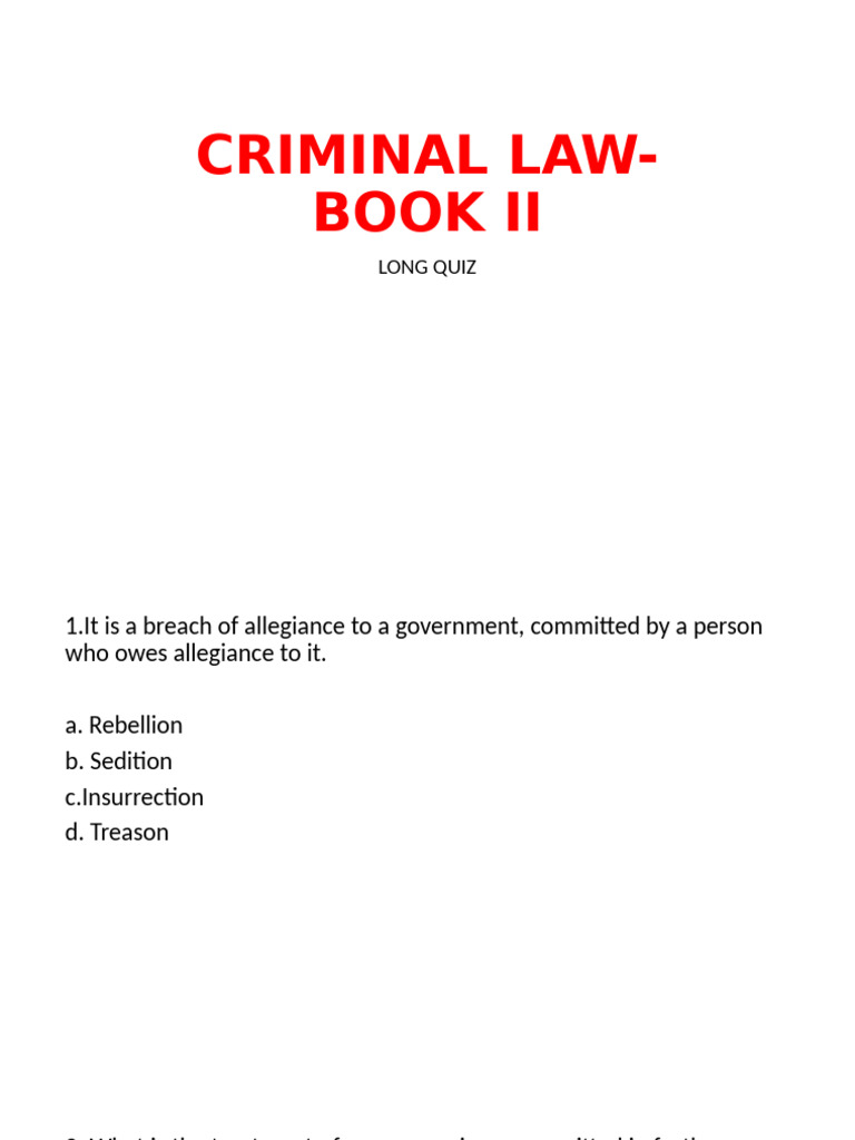 Criminal Law Book II Prelim Quiz | PDF | Treason | Crimes