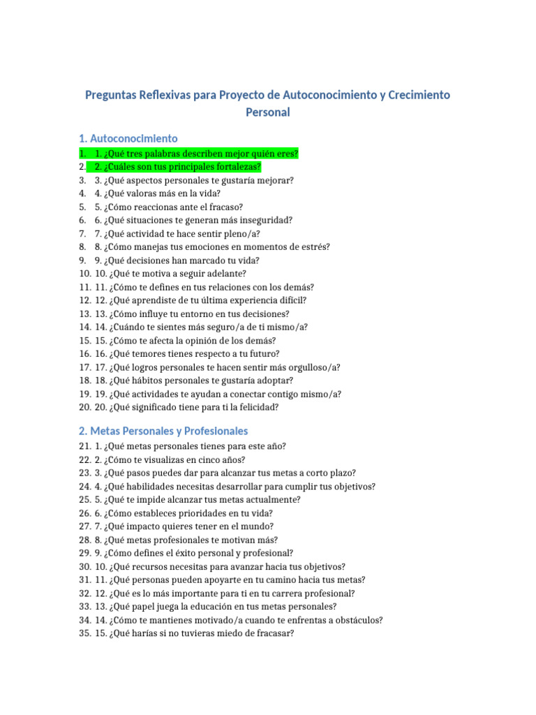 Preguntas para Autoconocimiento y Crecimiento | PDF | Las emociones ...