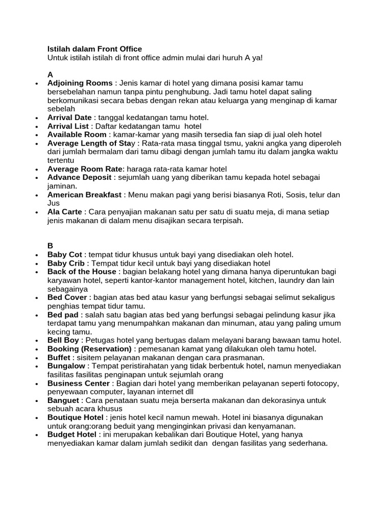 Istilah Dalam Front Office | PDF