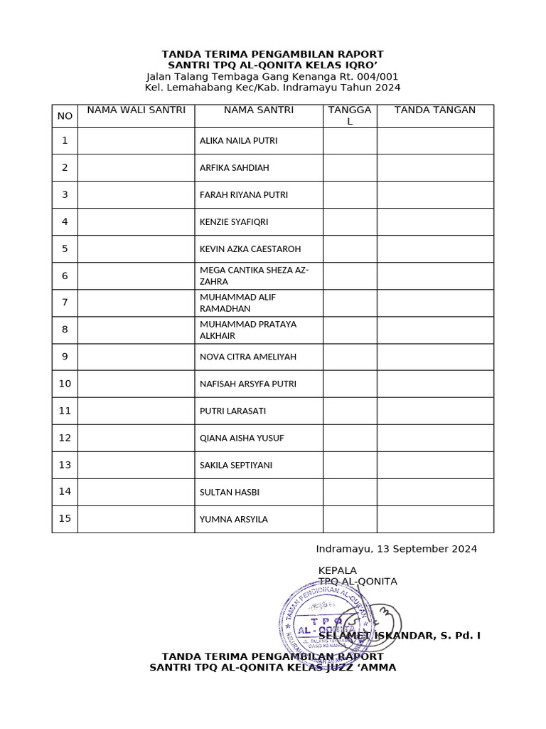 Tanda Terima Pengambilan Raport Santri TPQ Al | PDF