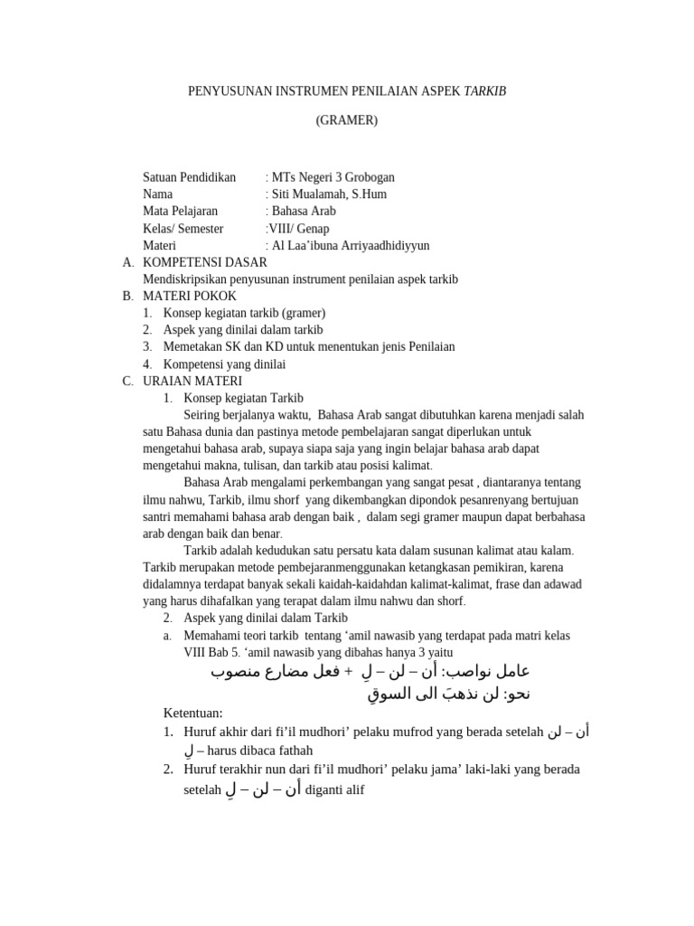 Penyusunan Instrumen Penilaian Aspek Tarkib | PDF