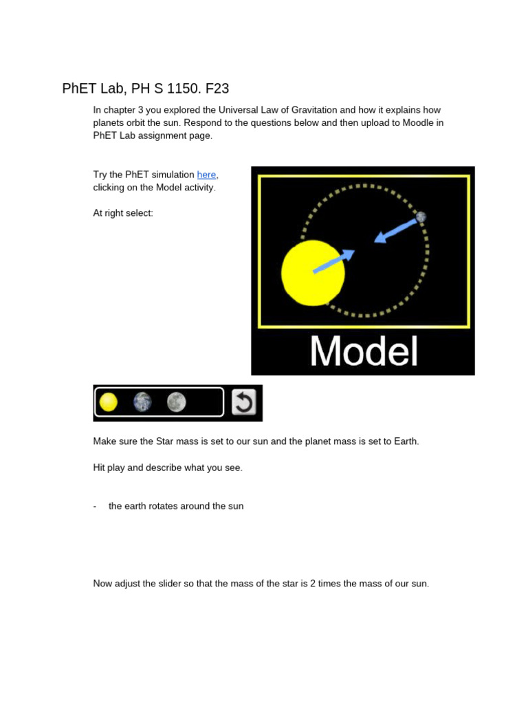 PhET LAB - Orbits and Grav. Lab assignment (1) | PDF