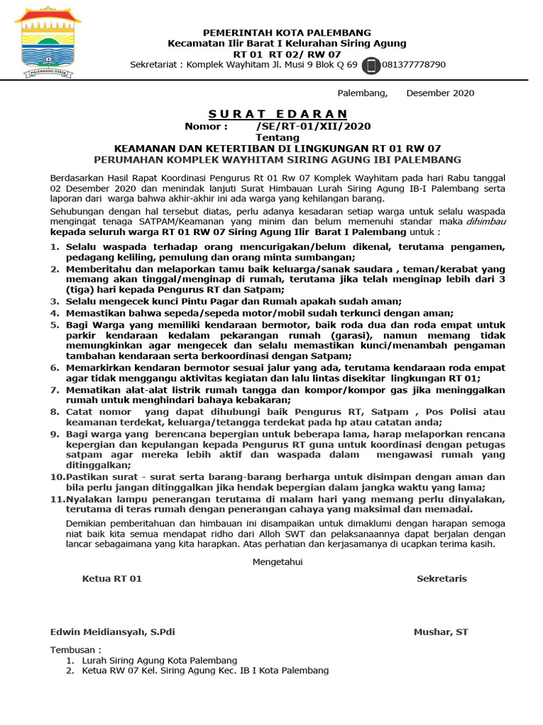 Surat Edaran Kamtibmas RT 01 RW 07 Wayhitam | PDF