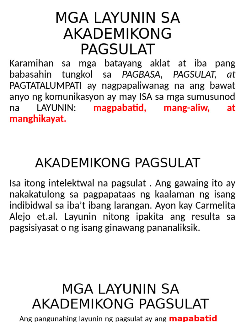 Mga Layunin Sa Akademikong Pagsulat | PDF