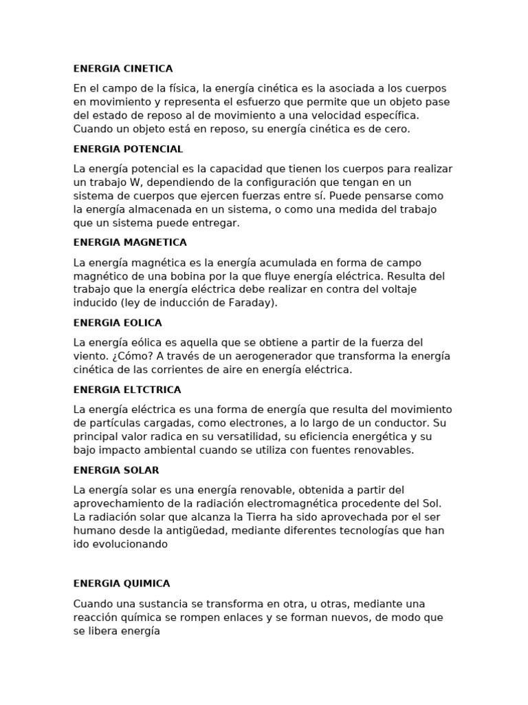 Tipos de Energía: Cinética, Potencial y Más | PDF | Electricidad ...