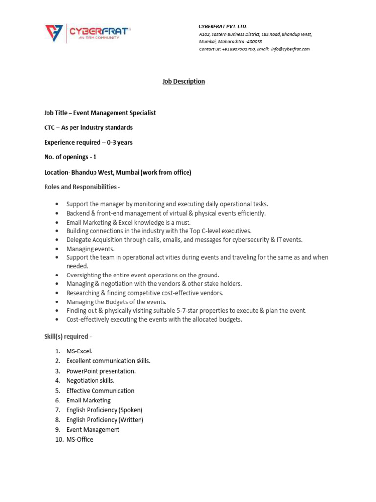 Job Description - Event Management Specialist CXJ | PDF | Communication