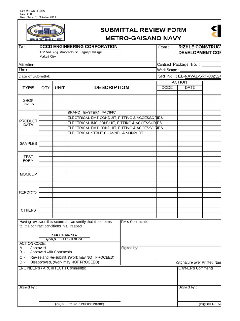 Submittal Review Form for Electrical Conduits | PDF