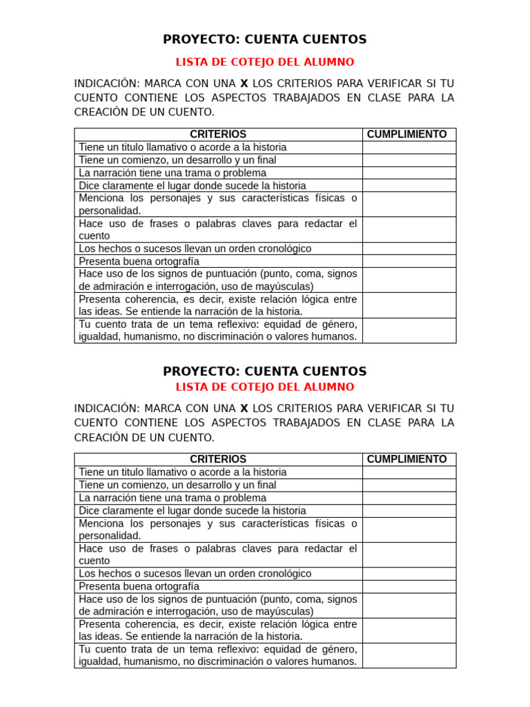 Lista de Cotejo Cuento | PDF