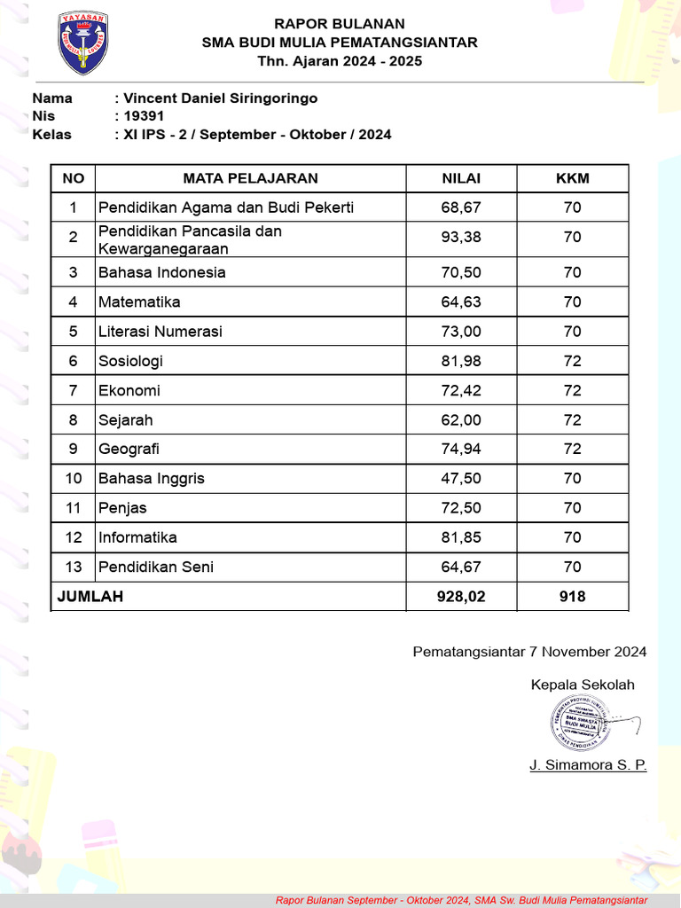 XI IPS - 2 Vincent Daniel Siringoringo Rapor Bulanan September - Oktober 2024 | PDF