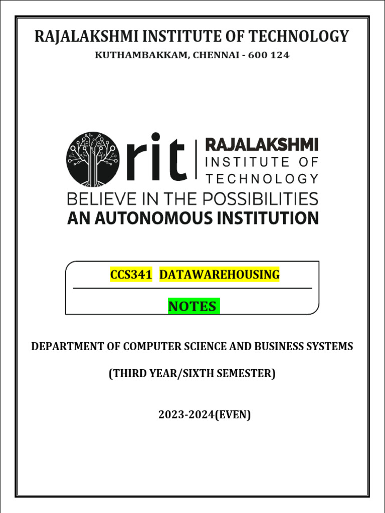 Ccs341 Data Warehousing All Units | PDF | Data Warehouse | Data Model