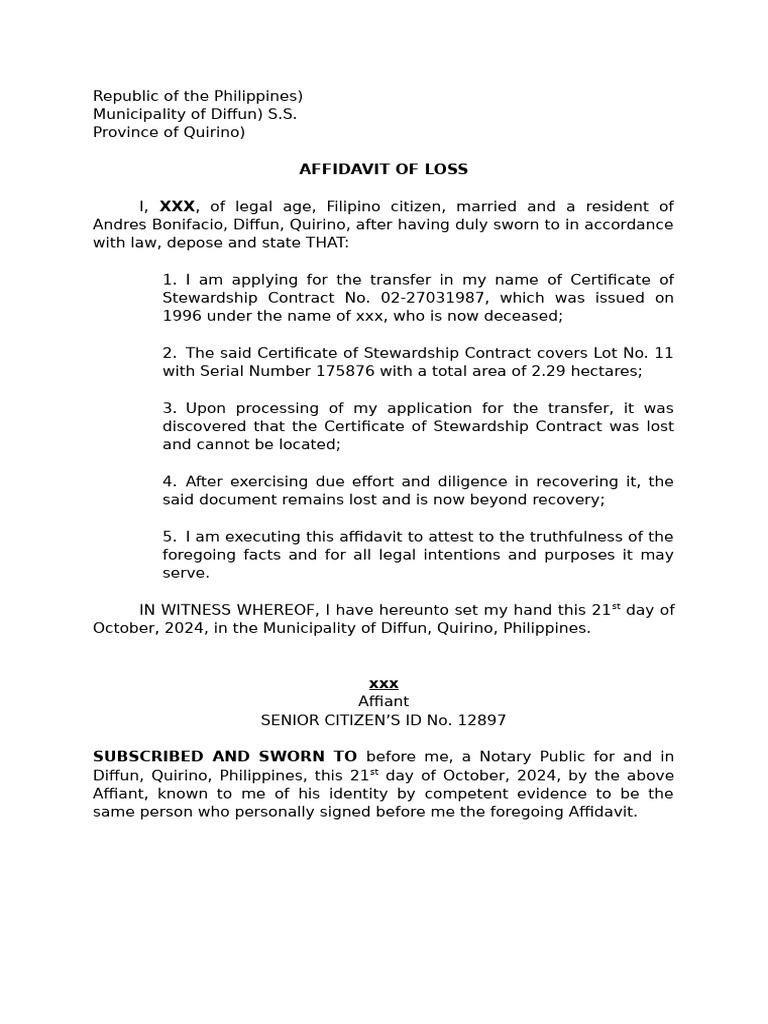 Affidavit of Loss CSC | PDF