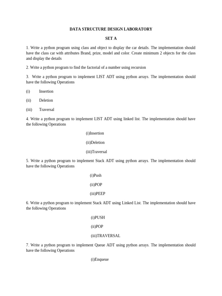 Data Structure Design Laboratory Set A | PDF | Algorithms And Data Structures | Applied Mathematics