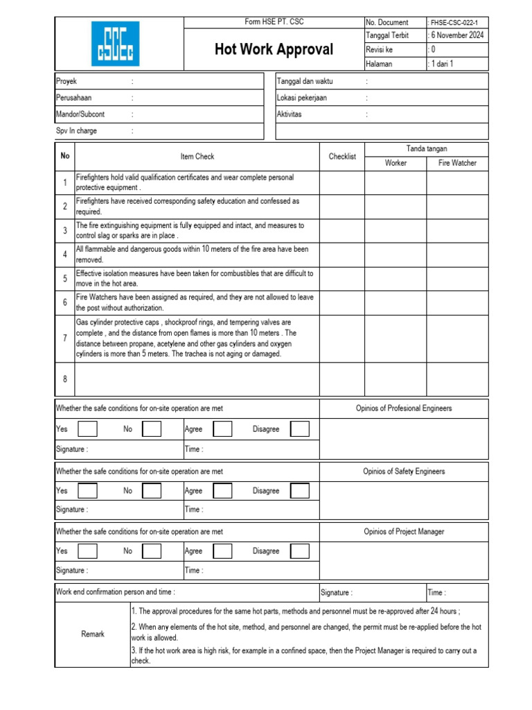 FHSE-CSC-022-1 Hot Work Checklist Daily | PDF | Firefighter | Fires