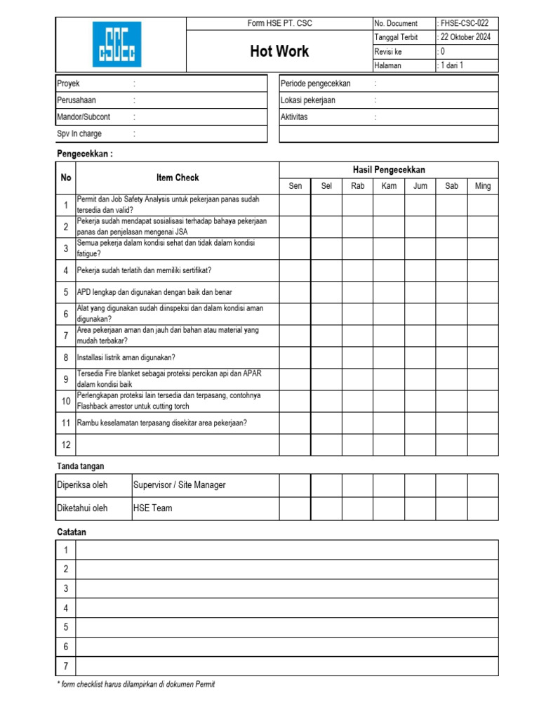 FHSE-CSC-022 Hot Work Checklist | PDF