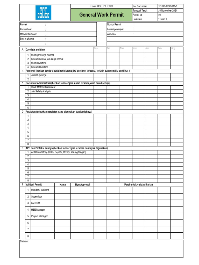 FHSE-CSC-018-1 General Work Permit | PDF