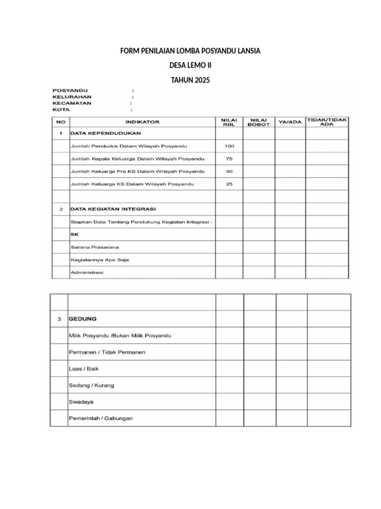 FORM PENILAIAN LOMBA POSYANDU LANSIA | PDF