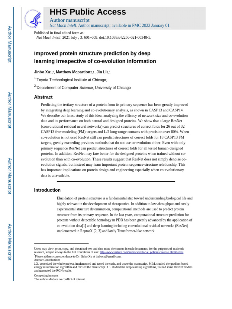 Improved Protein Structure Prediction By Deep Learning Irrespective Of