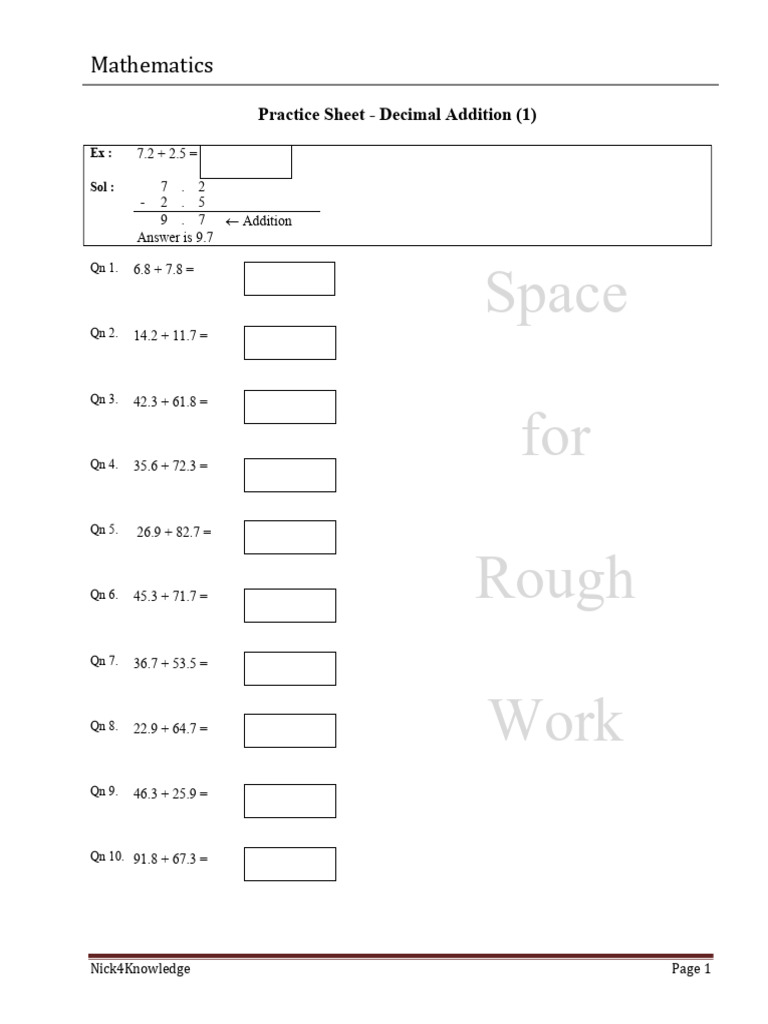 Decimal Addition Practice Sheet | PDF