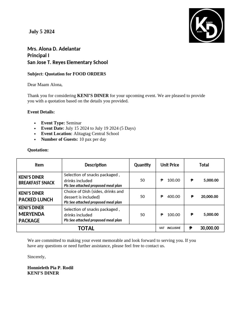Quotation Deped Keni Diner Final 2.0 For Sir Mon | PDF | Meal | Lunch