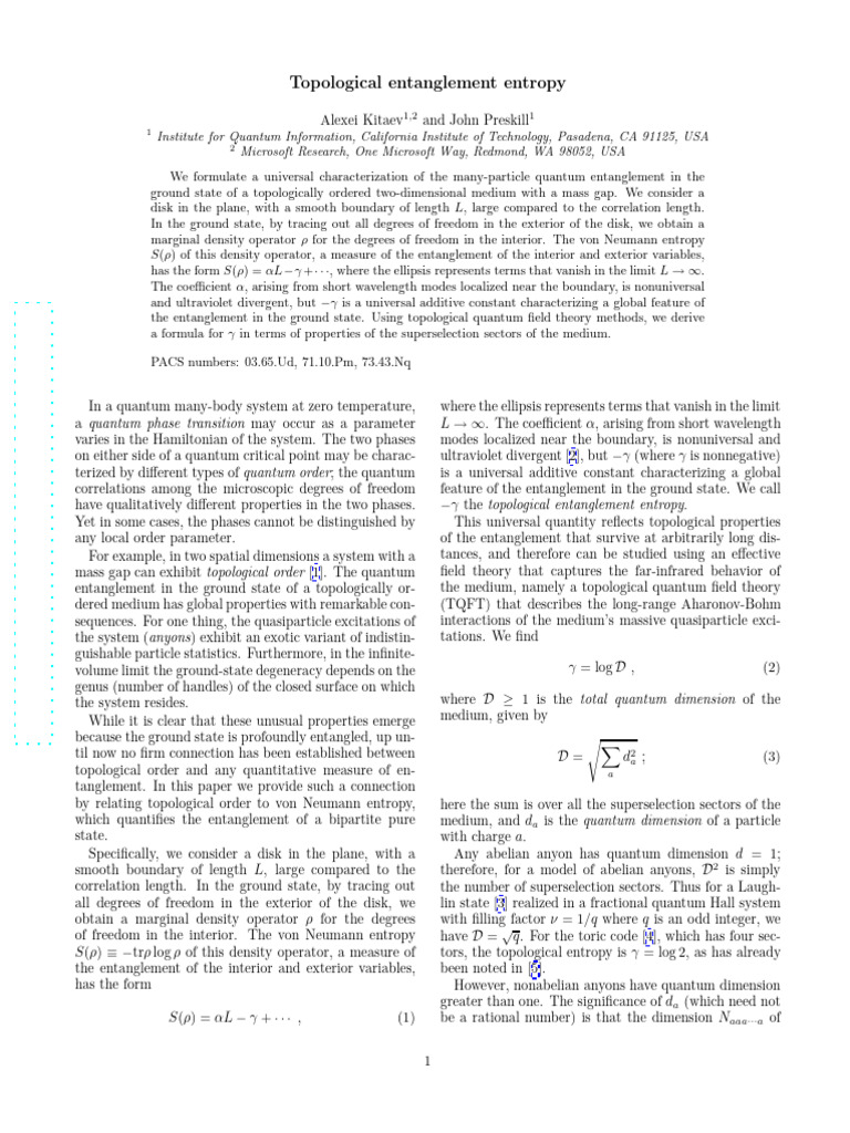 Topological Entanglement Entropy | PDF | Quantum Entanglement | Entropy