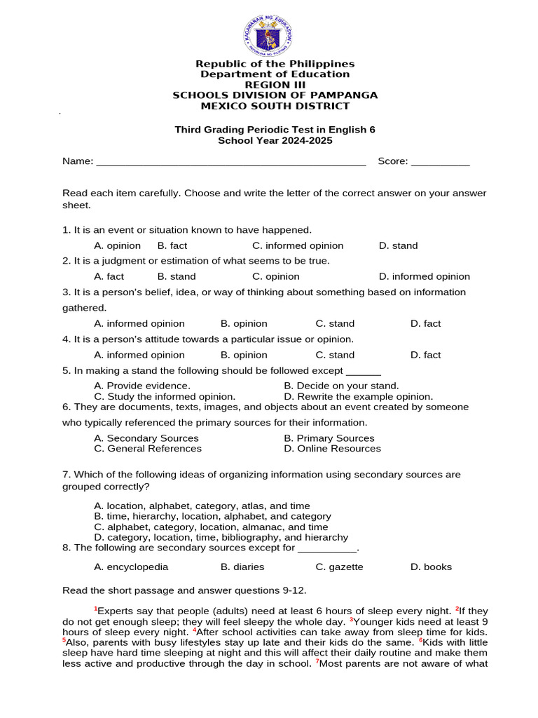 ENGLISH6 3rd QUARTER-PT | PDF | Florence Nightingale