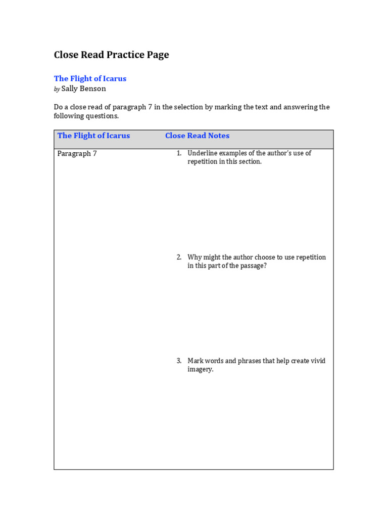 Close Read Practice Page-The Flight of Icarus-7th | PDF