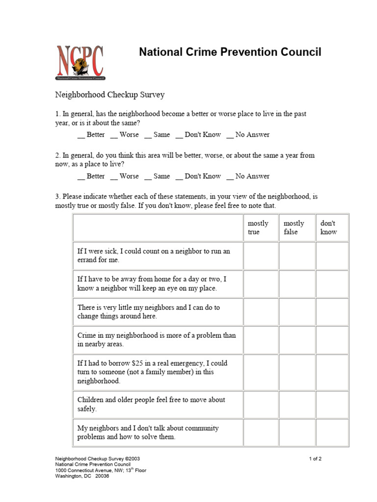 Neighborhood Checkup Survey Insights | PDF