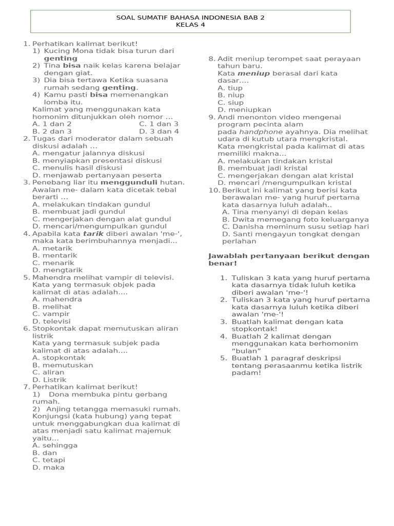 Soal Sumatif Bahasa Indonesia Bab 2 Kelas 4 | PDF