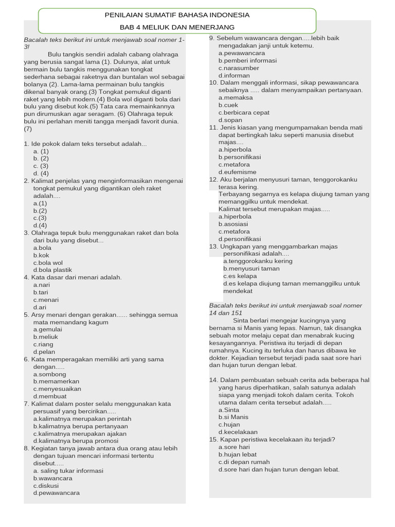 SOAL SUMATIF BAHASA INDONESIA BAB 4 | PDF