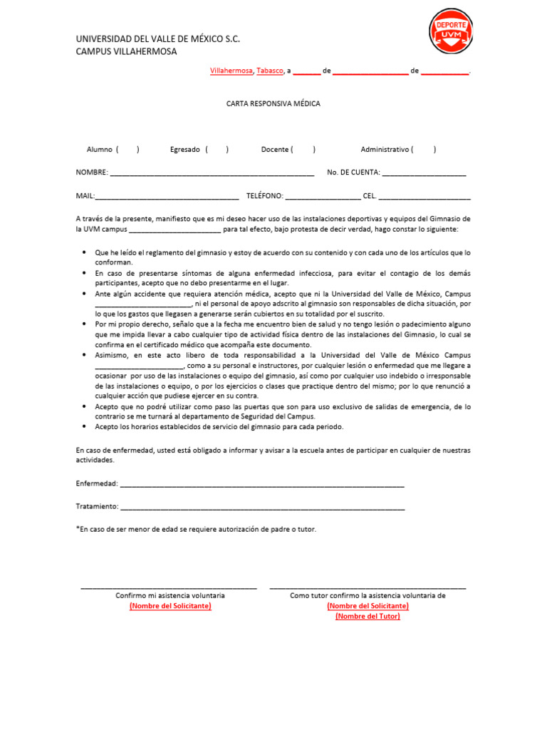 Carta Responsiva Médica para Uso de GYM | PDF