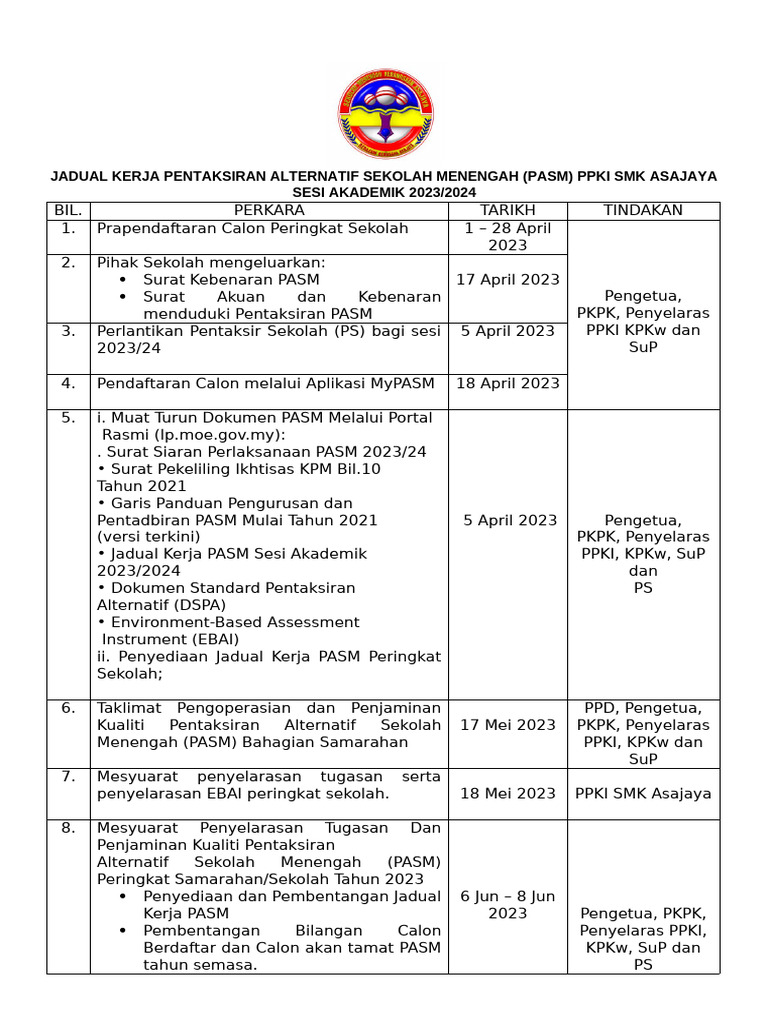 Jadual Kerja Pasm Ppki SMK Asajaya 2023 | PDF