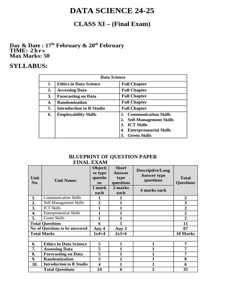 Final Exam GR11 DS Blue Print | PDF