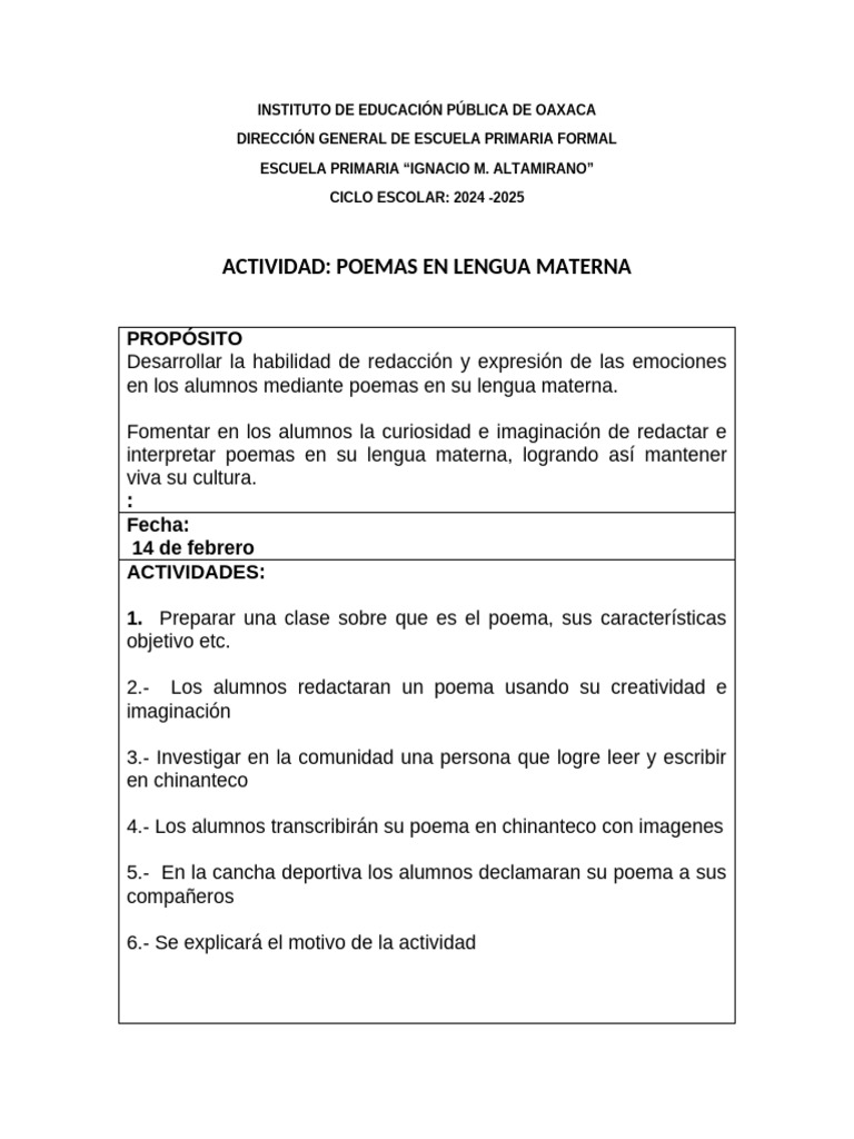 Actividades Poema en Chinanteco | PDF