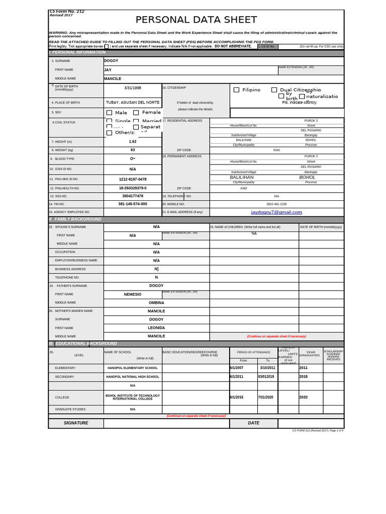 Personal Data Sheet CS Form No. 212 Revised 2017 | PDF | Justice ...