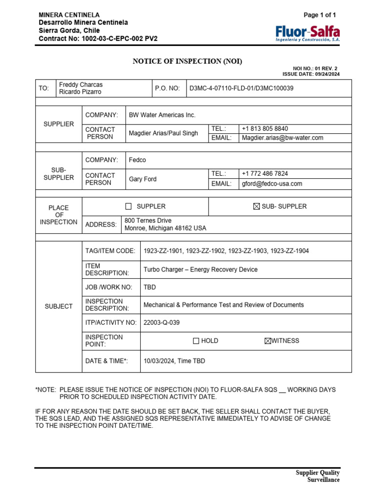 D3MC - Notice of Inspection (NOI) #01 REV. 2 - Fedco Energy Recovery ...