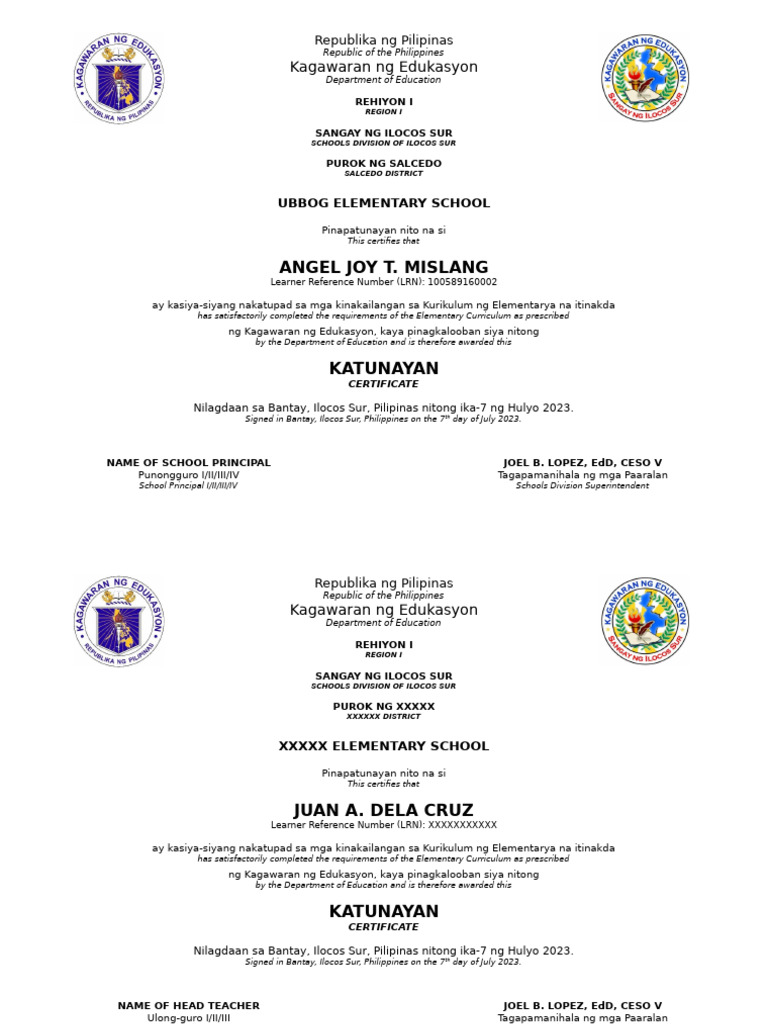 CertificateOfCompletion - Grade6 2022-2023 BAYBAYADING ES | PDF ...