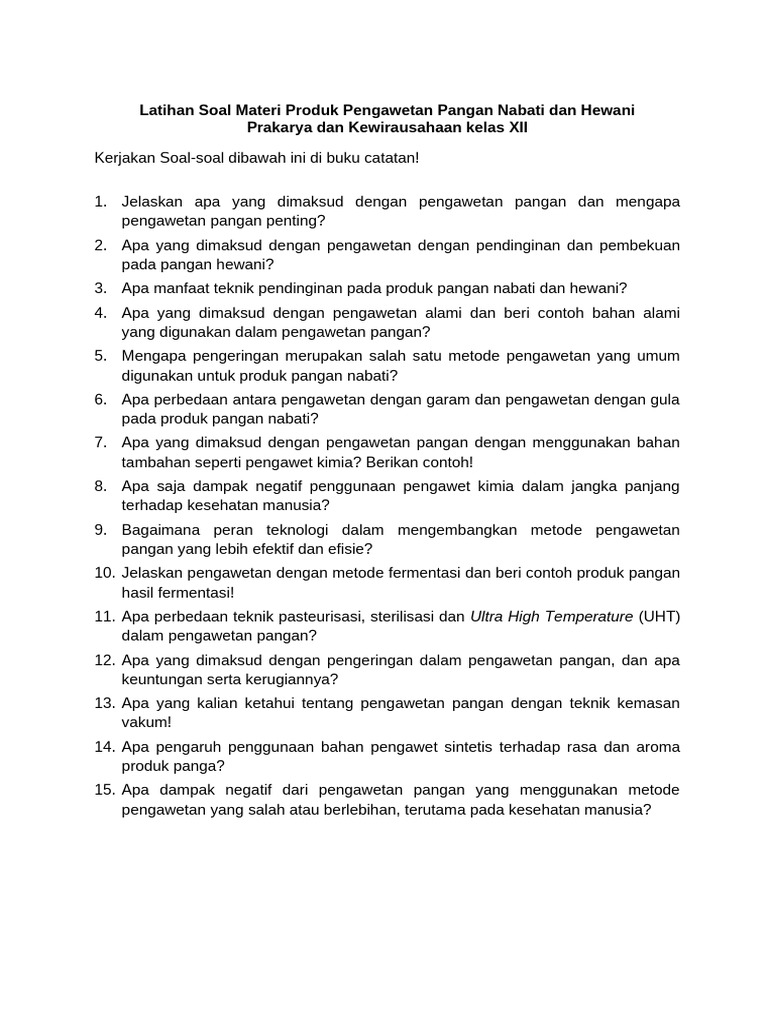 Latihan PKWU Pengawetan XII | PDF