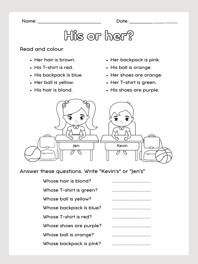 His or Her Worksheet for Kids | PDF