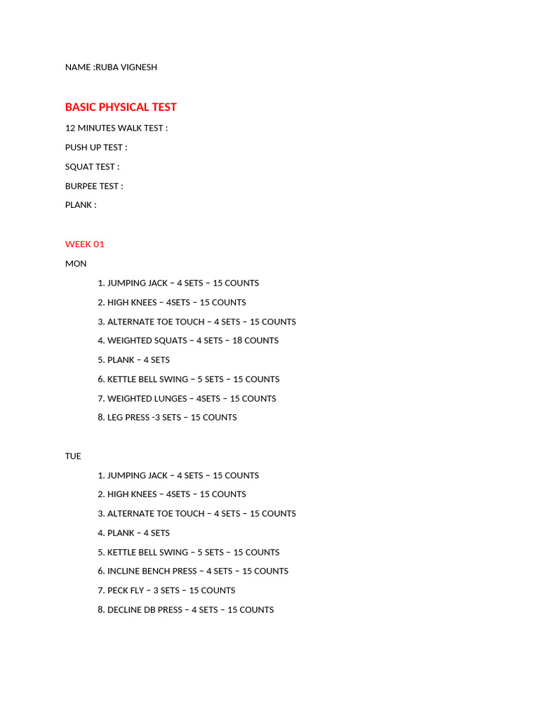 Weekly Fitness Test and Workout Plan | PDF
