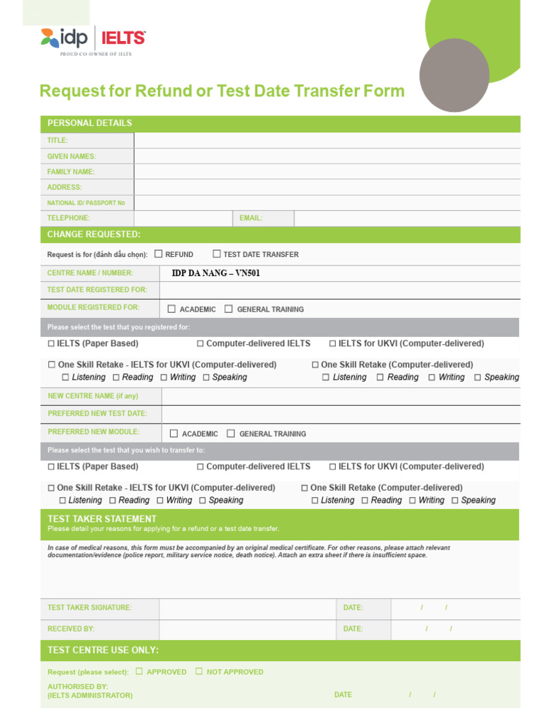 IELTS Refund/Transfer Form | PDF