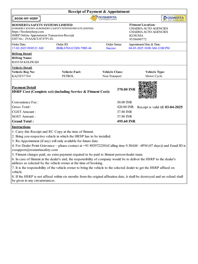 HSRP Payment & Appointment Receipt | PDF | Payments