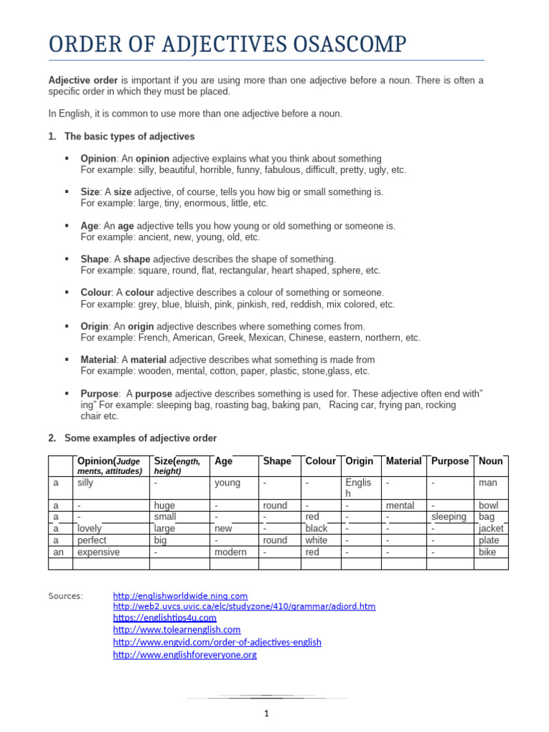 2 Handout of Order of Adjectives Osascomp | PDF | Adjective | Semantic ...