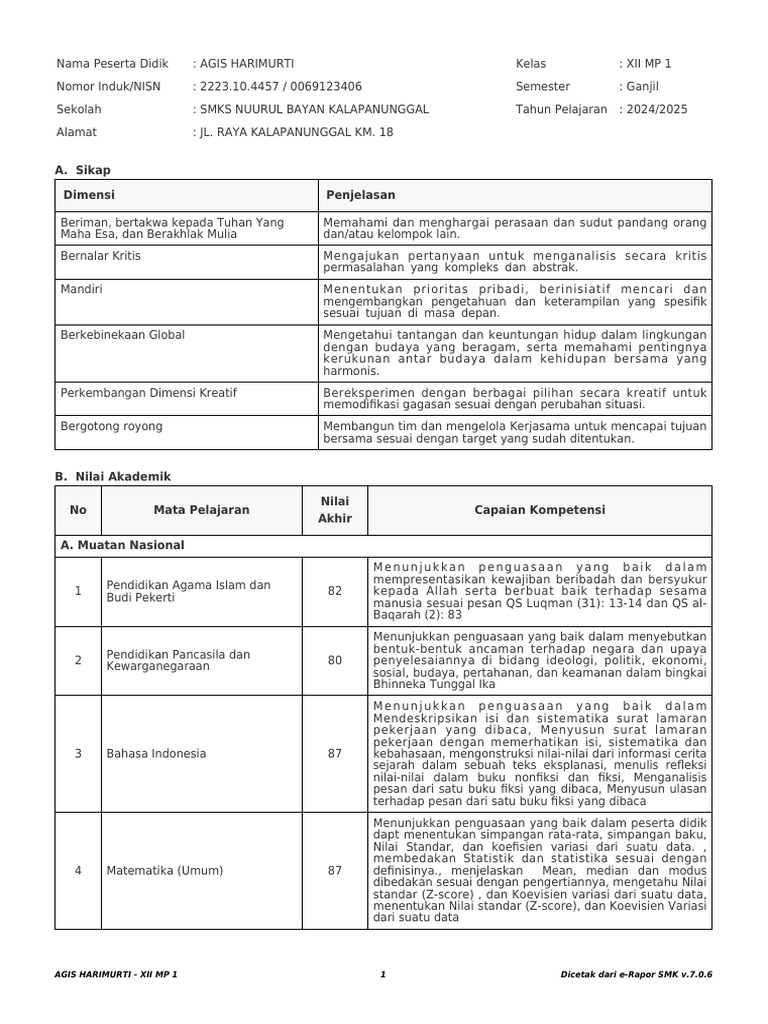 Rapor Agis Harimurti - Xii MP 1 | PDF