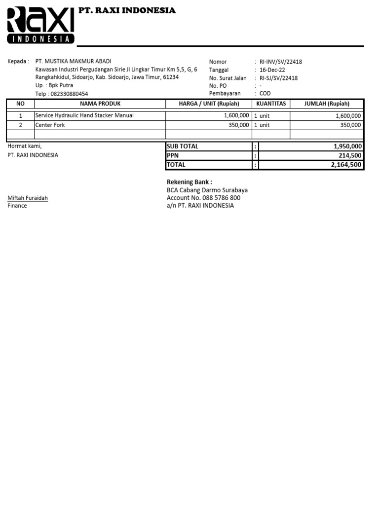 Proforma Invoice PT. MUSTIKA MAKMUR ABADI (Service Hand Stacker Manual) | PDF